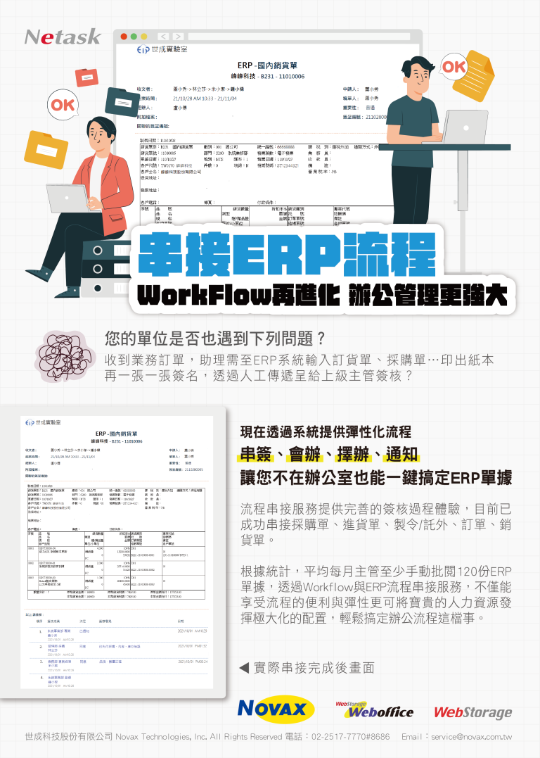 電子簽核串接ERP流程 – Netask EIP / Weboffice / WebStorage 辦公室OA管理系統，企業e化唯一選擇世成科技